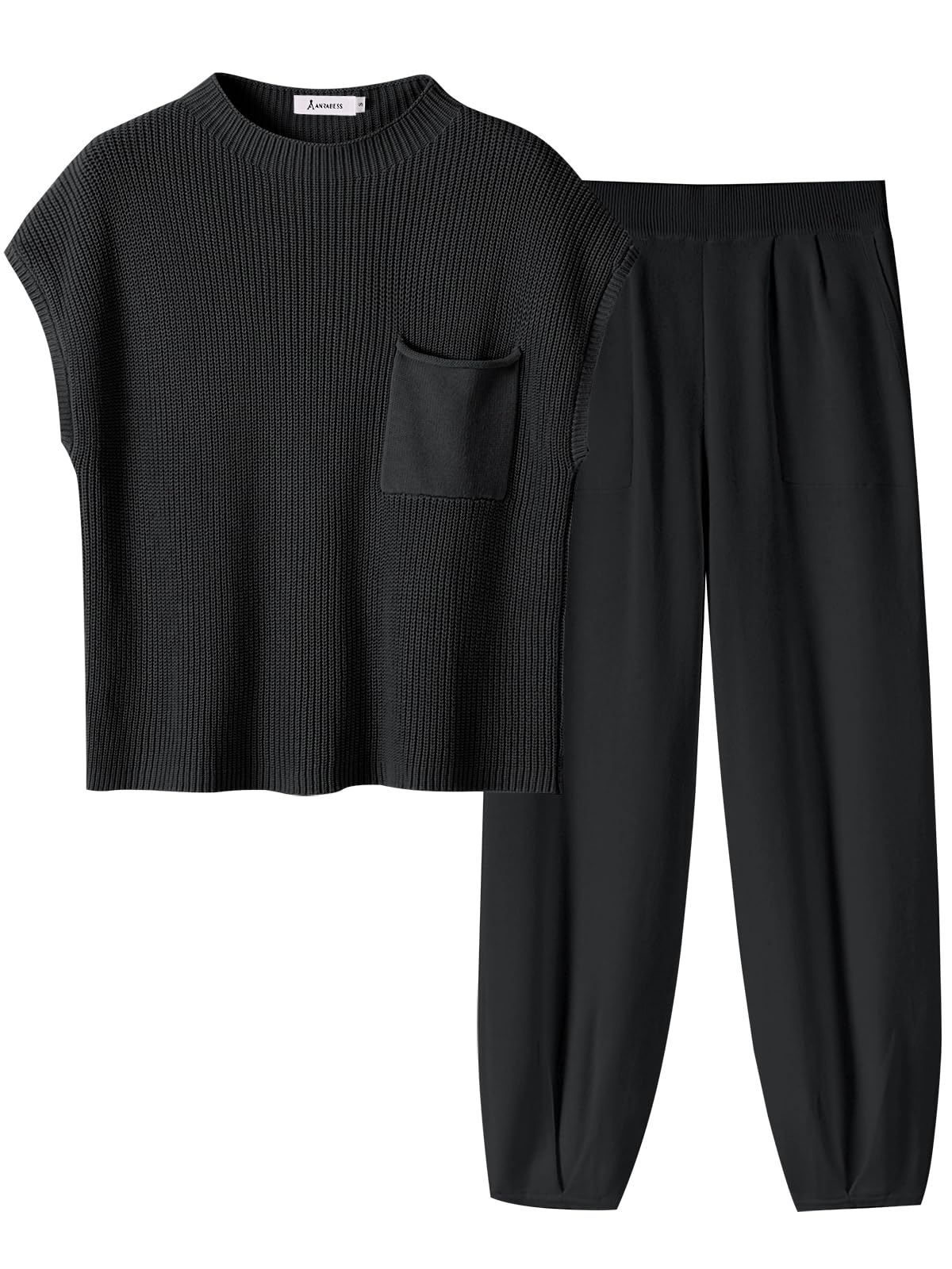ANRABESS Women's Two Piece Outfits Knit Sweater Vest Crop Top Pants Lounge Matching Tracksuit Sweatsuit Travel Clothes Sets Black Medium