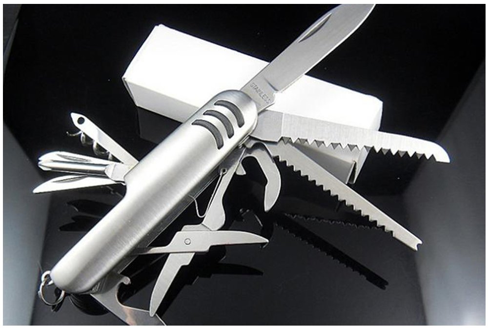 Multi Function Pocket Tools Chest Knife Stainless Steel with 11 features: knife, saw, double jagged, scissors, bottle opener, can opener, the screwdriver, file, the threading, scissors, red wine drill
