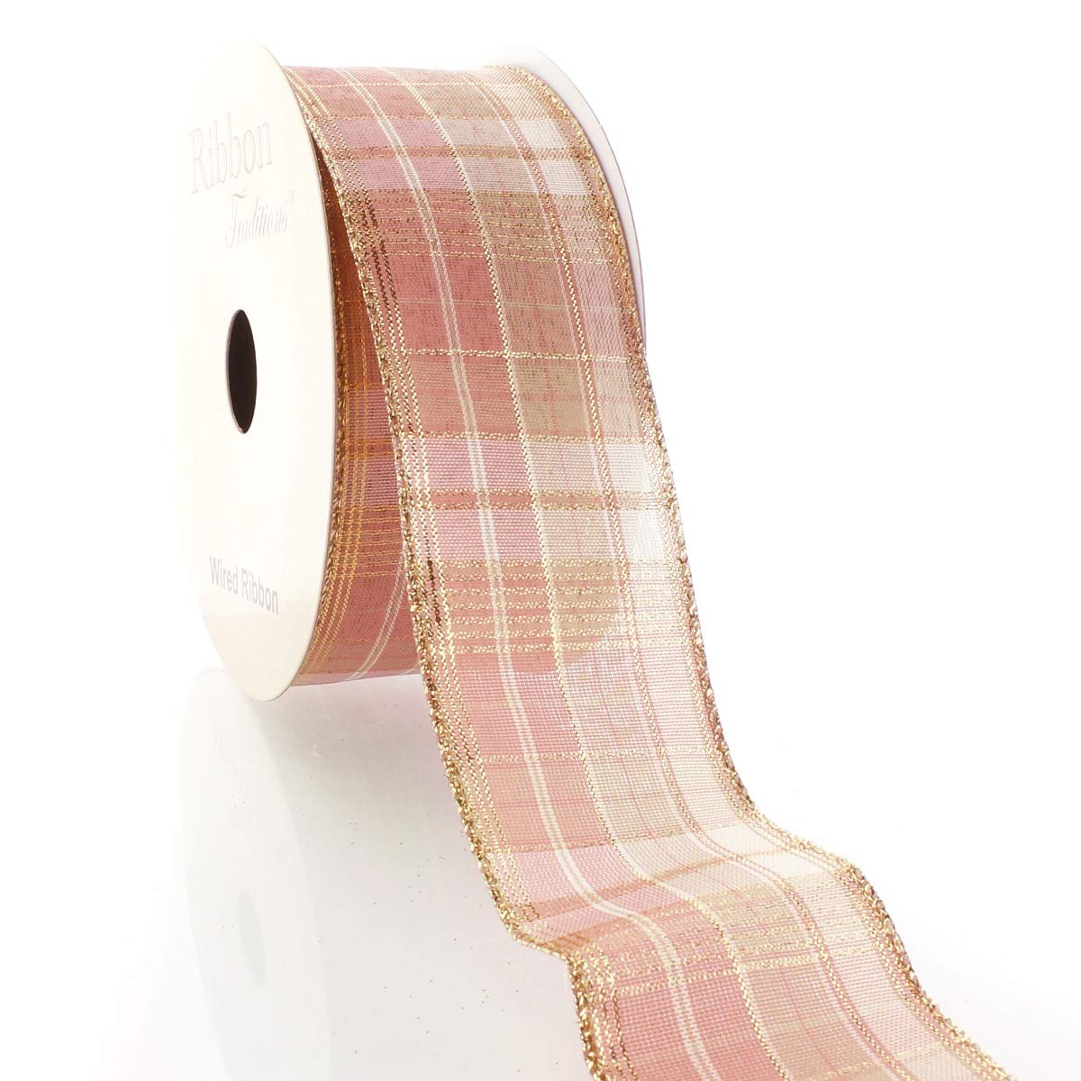 Ribbon Traditions 2 1/2" Wired Ribbon Rose Pink Metallic Gold Plaid - 25 Yards