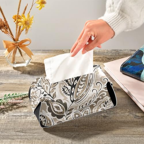 Fustylead Brown Paisley Tissue Box Cover, Rectangle PU Leather Tissue Case for Tabletop, Bathroom, Car, Office