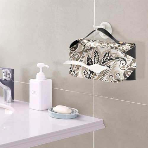 Fustylead Brown Paisley Tissue Box Cover, Rectangle PU Leather Tissue Case for Tabletop, Bathroom, Car, Office
