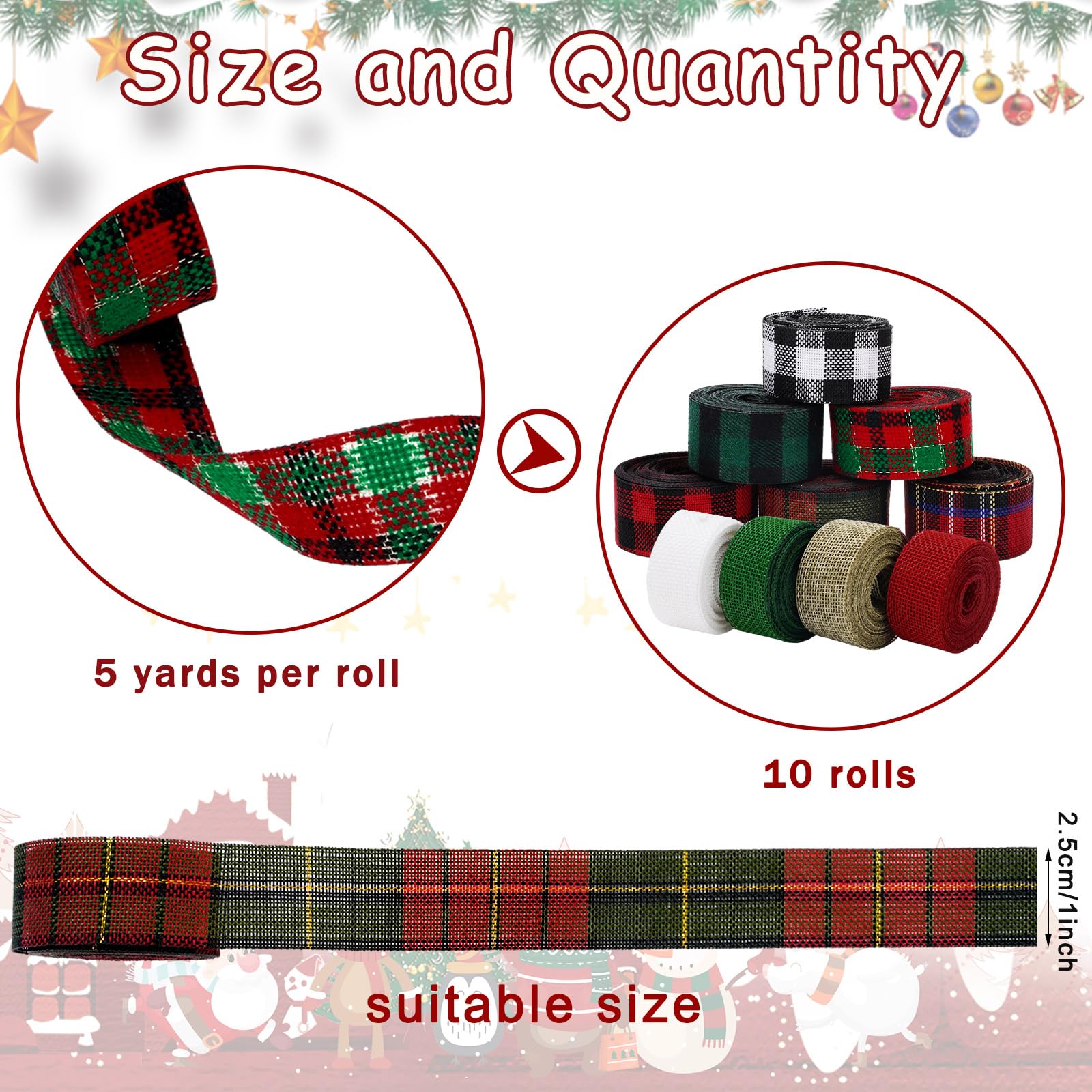 Whaline 10 Rolls 50 Yards Christmas Burlap Ribbon Rolls 1 Inch Wired Plaid Wrapping Ribbon Xmas Decorative Ribbon for Wreath Bow Gift Decor