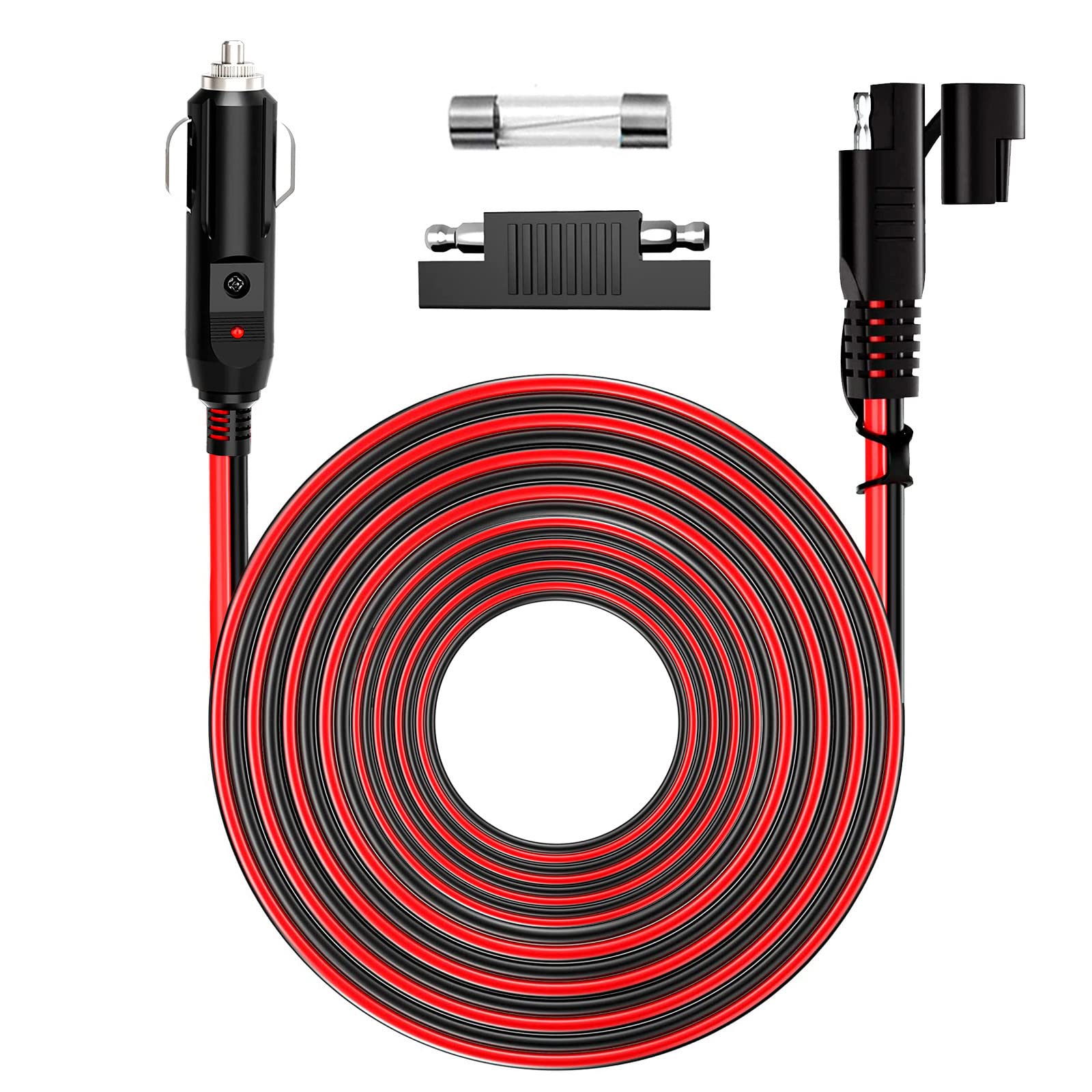 RWUJILONG 12V/24V Cigarette Lighter Plug to SAE Quick Release Adapter Extension Cable 10FT with SAE Reverse Polarity Adapter and 15A Spare Fuse