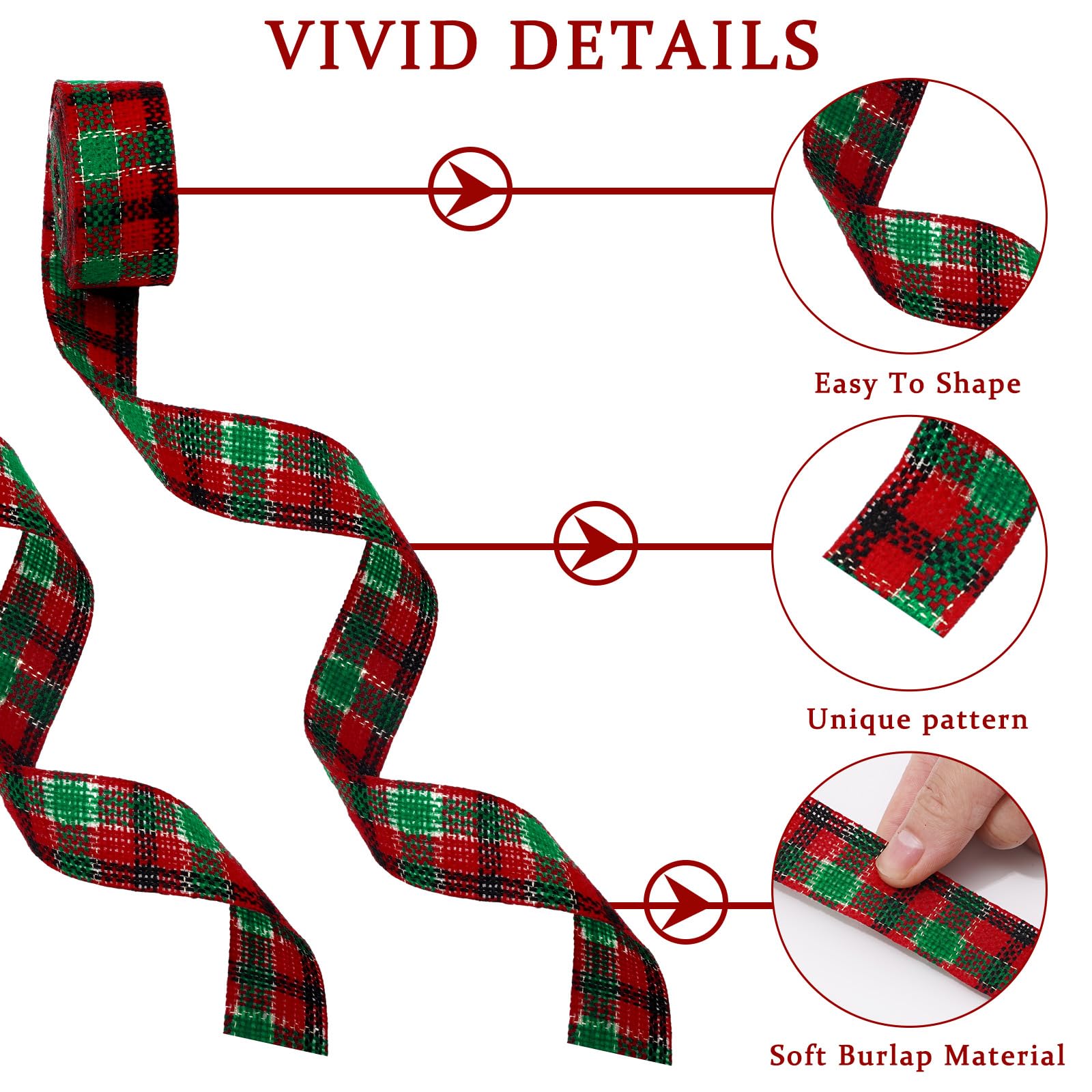 Whaline 10 Rolls 50 Yards Christmas Burlap Ribbon Rolls 1 Inch Wired Plaid Wrapping Ribbon Xmas Decorative Ribbon for Wreath Bow Gift Decor