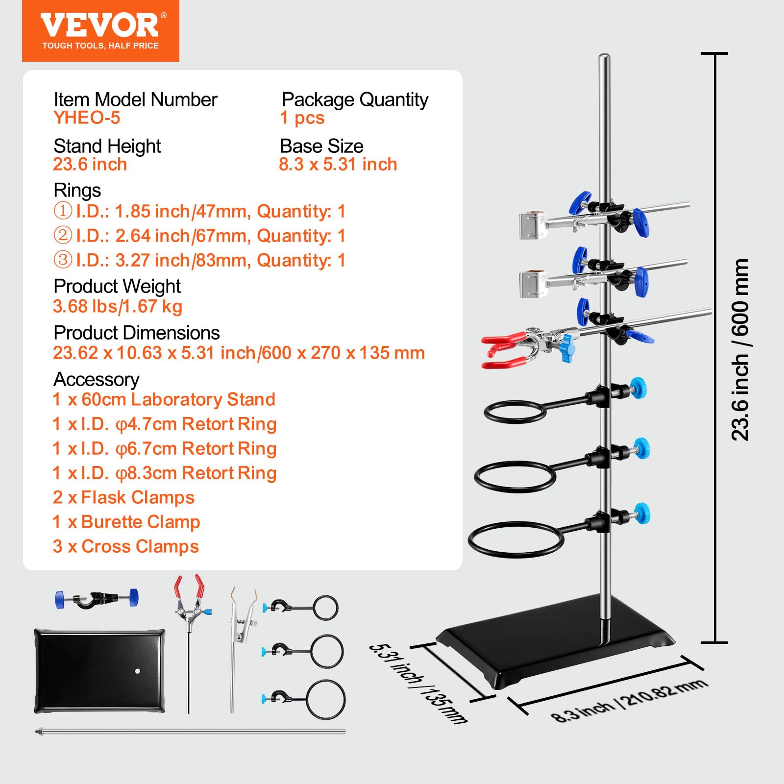 VEVOR Laboratory Grade Metalware Set - Support Stand Premium Iron Material Laboratory Stand Support Lab Clamp Flask Clamp Condenser Stand 60cm