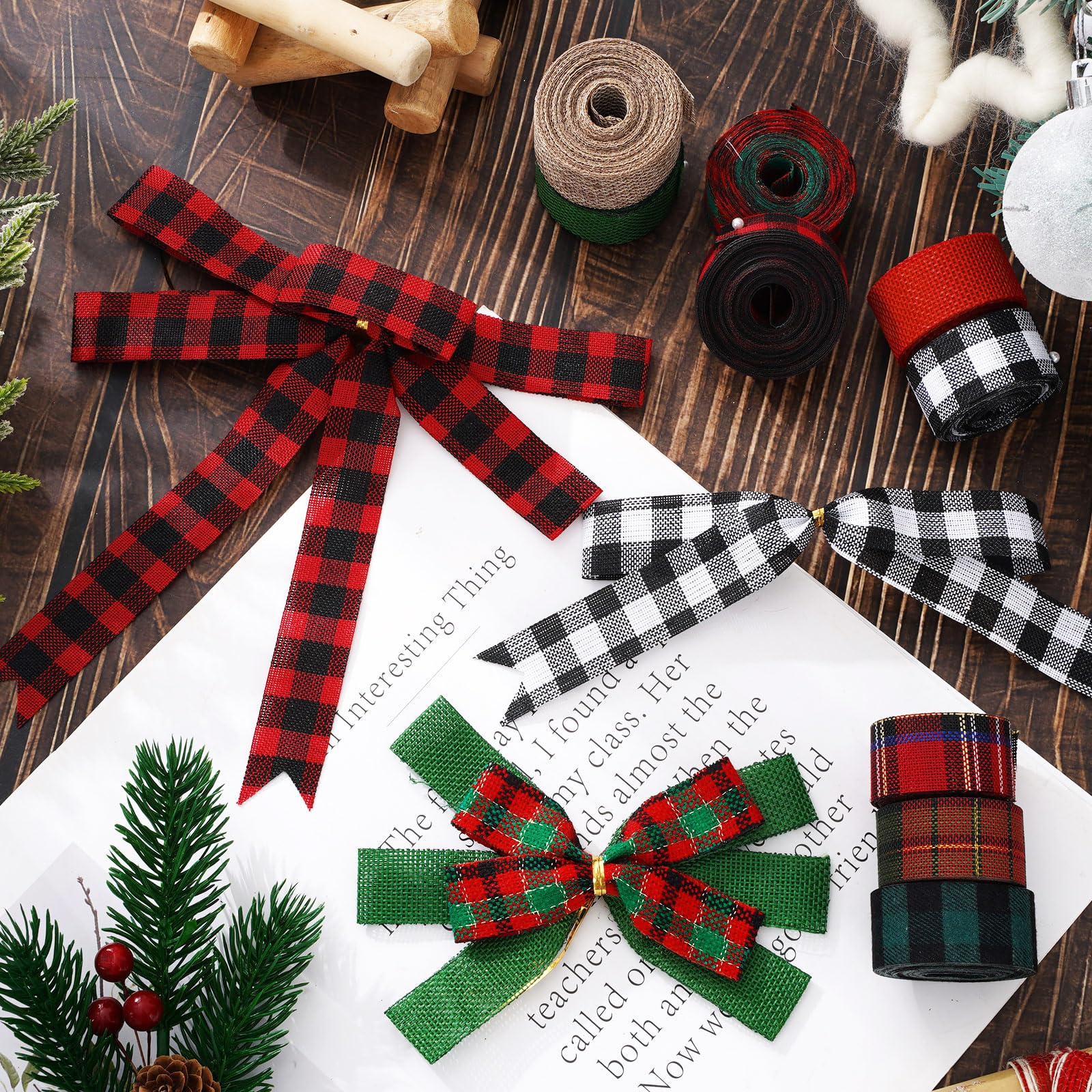 Whaline 10 Rolls 50 Yards Christmas Burlap Ribbon Rolls 1 Inch Wired Plaid Wrapping Ribbon Xmas Decorative Ribbon for Wreath Bow Gift Decor