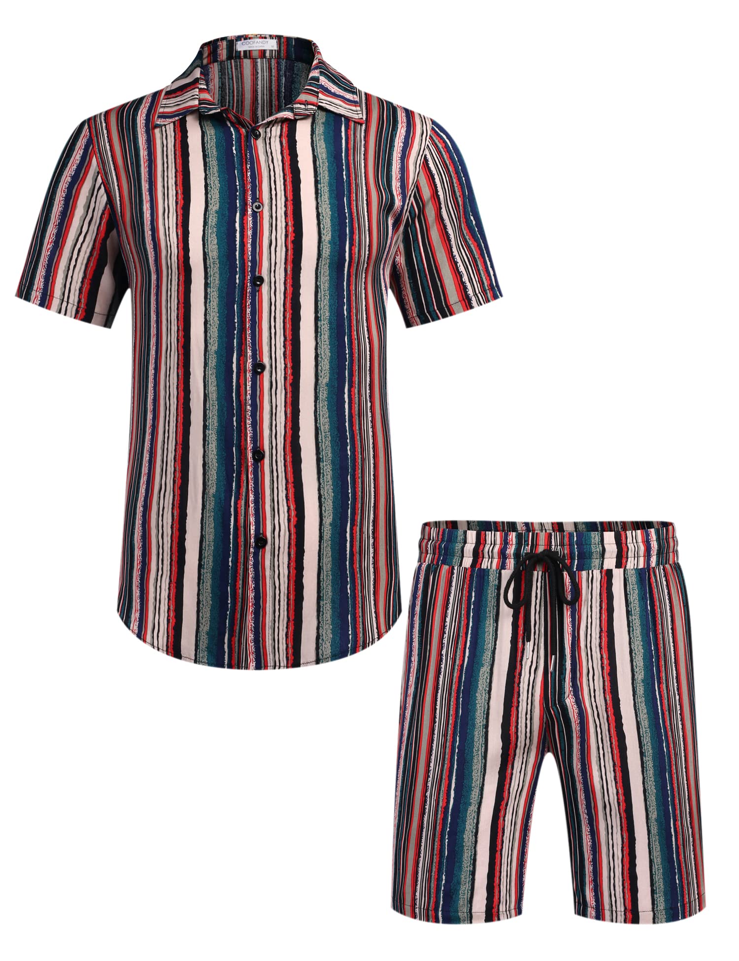 COOFANDY Men's Vertical Striped Shirt Short Sleeve Button Up Hawaiian Shirt Set Summer Beach 2 Piece Short Set