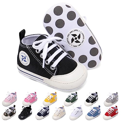 Baby Boys Girls Star High Top Sneaker Soft Anti-Slip Sole Newborn Infant First Walkers Canvas Denim Shoes (13cm, A-Black, 12_Months)
