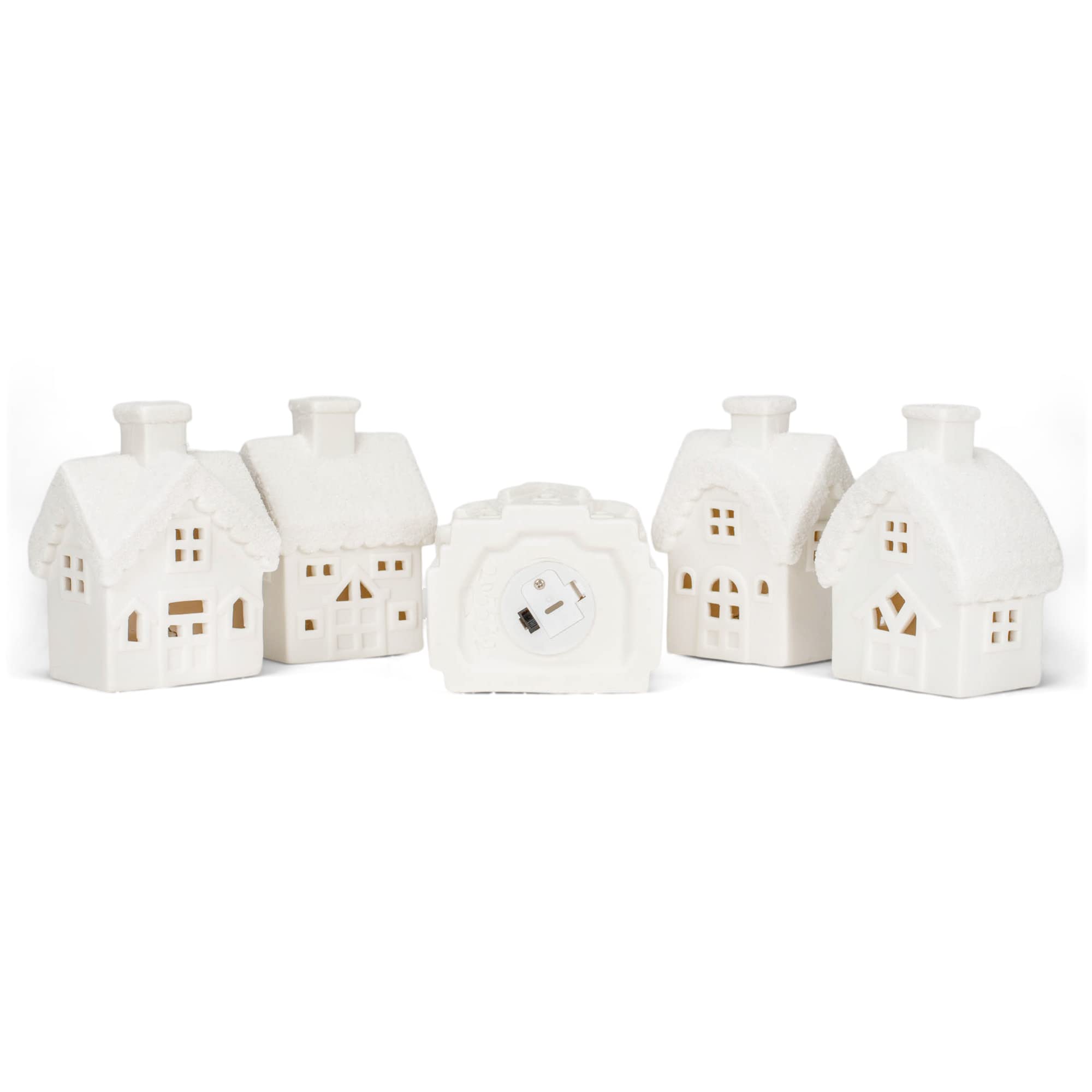 Mark Feldstein & Associates Winter Village with Barn White Unglazed Porcelain Holiday Pre Lit LED Figurines, Set of 11, 5 Inch
