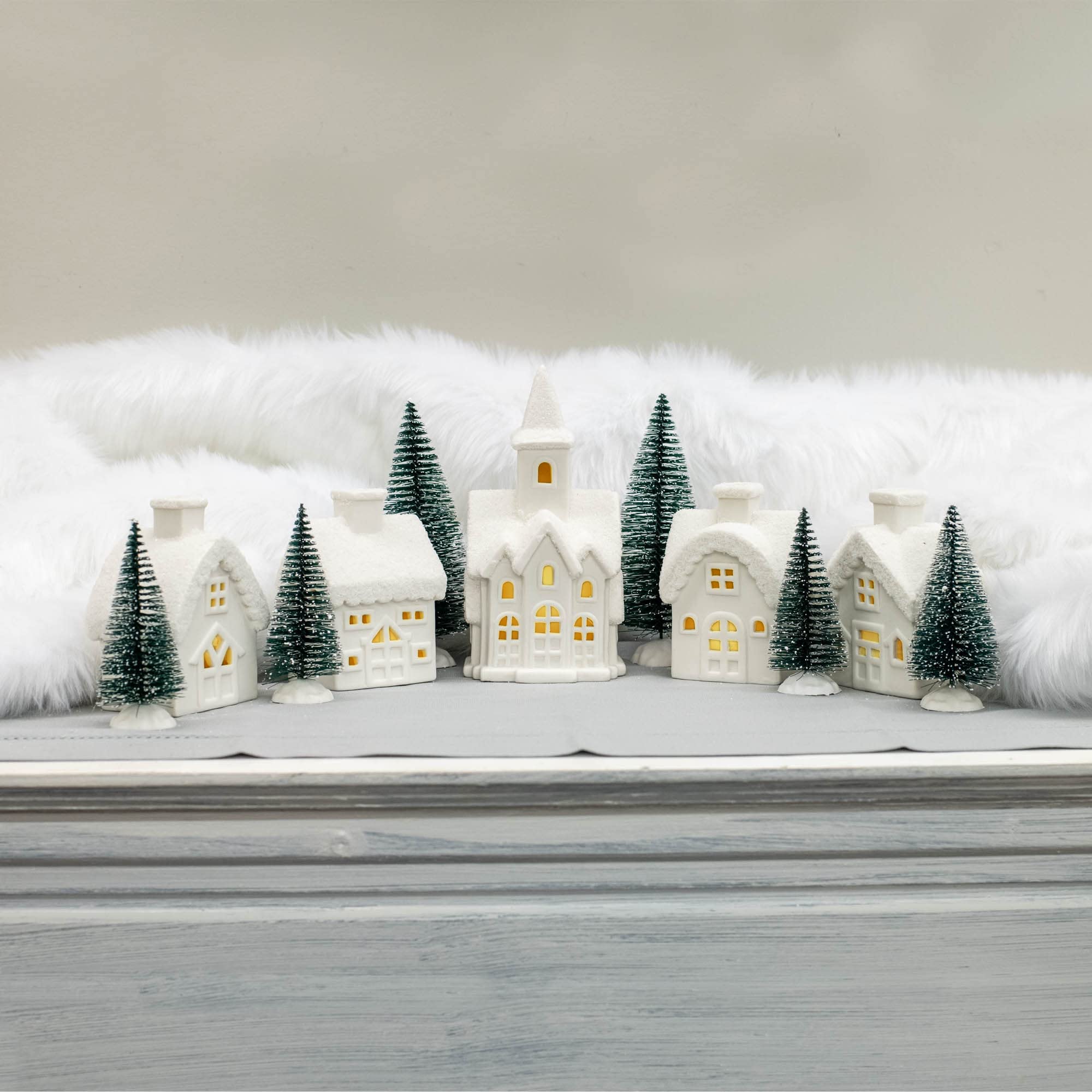 Mark Feldstein & Associates Winter Village with Barn White Unglazed Porcelain Holiday Pre Lit LED Figurines, Set of 11, 5 Inch