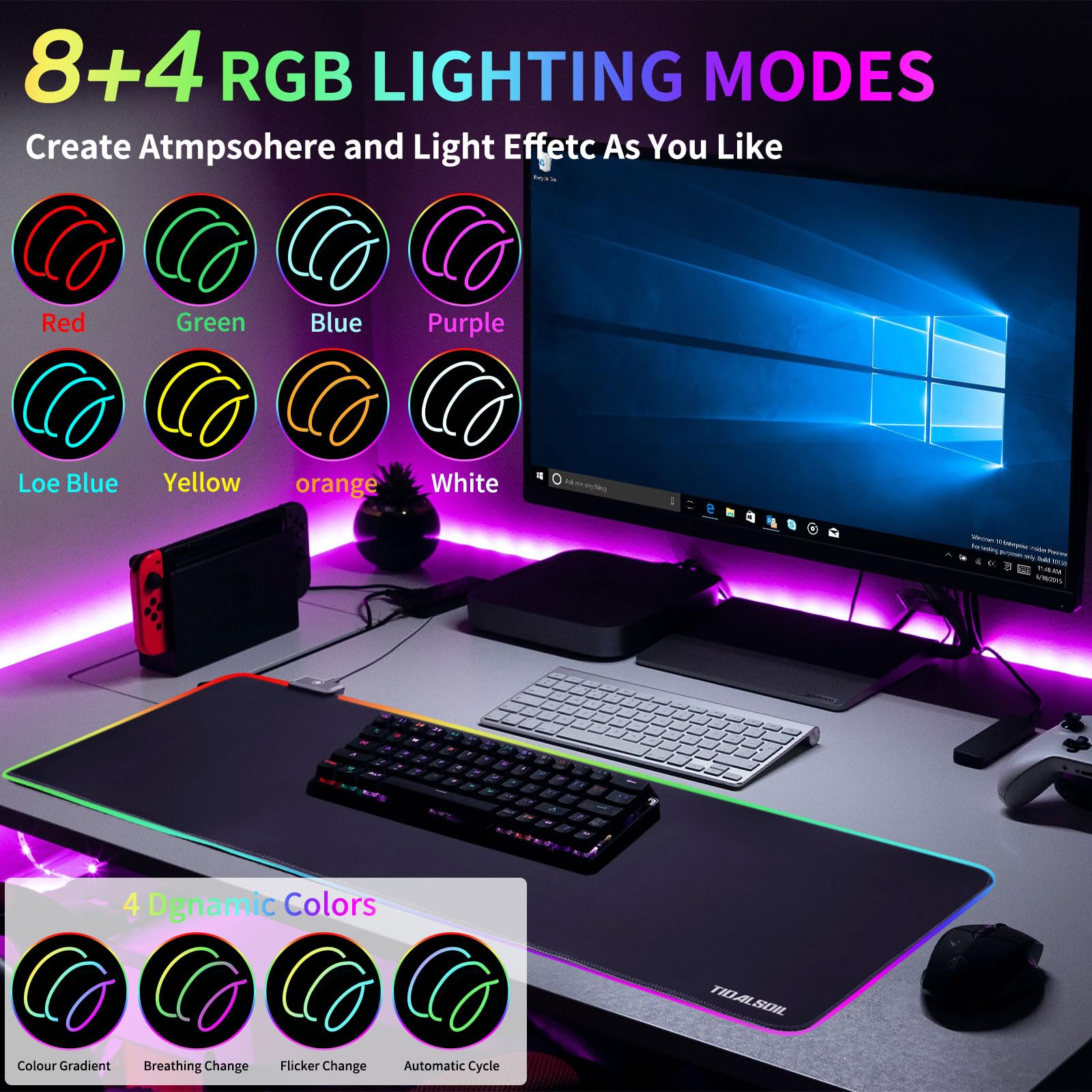 RGB Gaming Mouse Pad, 31.5 x 11.8 Inch Oversized Mouse Mat with 12 Light Modes, Non-Slip Rubber Base, Large Keyboard Mouse Pad for PC Gaming, Office, Black
