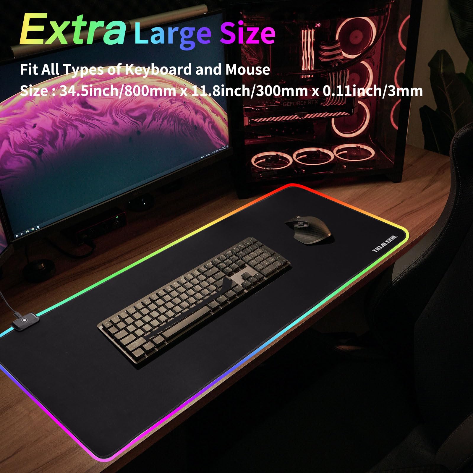 RGB Gaming Mouse Pad, 31.5 x 11.8 Inch Oversized Mouse Mat with 12 Light Modes, Non-Slip Rubber Base, Large Keyboard Mouse Pad for PC Gaming, Office, Black