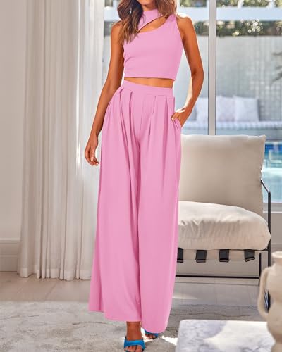 BTFBM Women 2 Piece Outfits 2024 Spring Summer Tracksuits Mock Neck Sleeveless Cutout Crop Top Wide Leg Pants Sweatsuits(Solid Pink, X-Large)