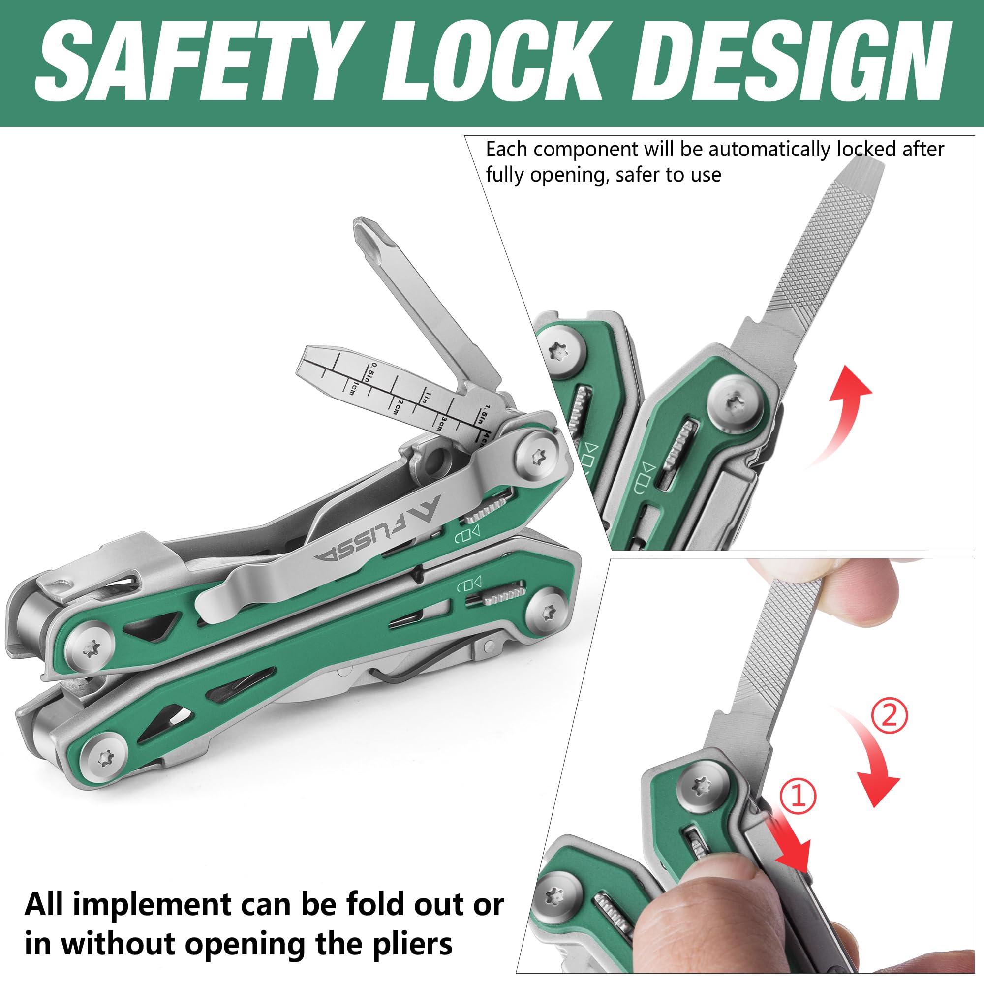 FLISSA Multi Tool Pliers, Green 16 in 1 Stainless Steel Multipurpose tool with Tactical Multitool Knife, Screwdrivers, Saw, Bottle Opener and Durable Sheath, Essential Gear for Outdoor Adventures