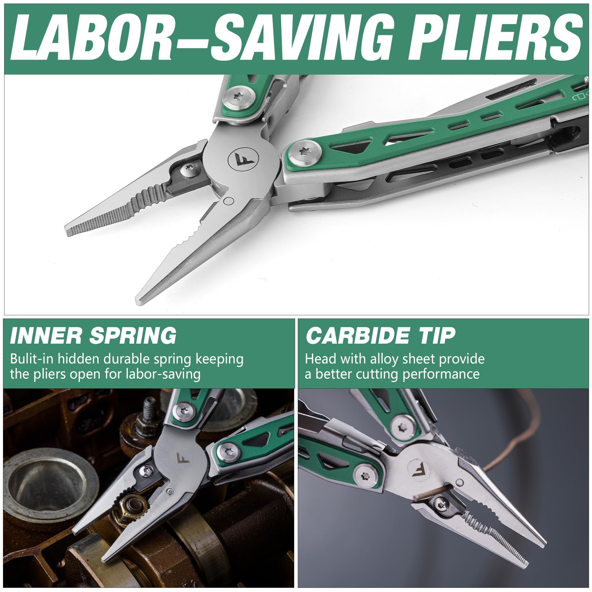 FLISSA Multi Tool Pliers, Green 16 in 1 Stainless Steel Multipurpose tool with Tactical Multitool Knife, Screwdrivers, Saw, Bottle Opener and Durable Sheath, Essential Gear for Outdoor Adventures