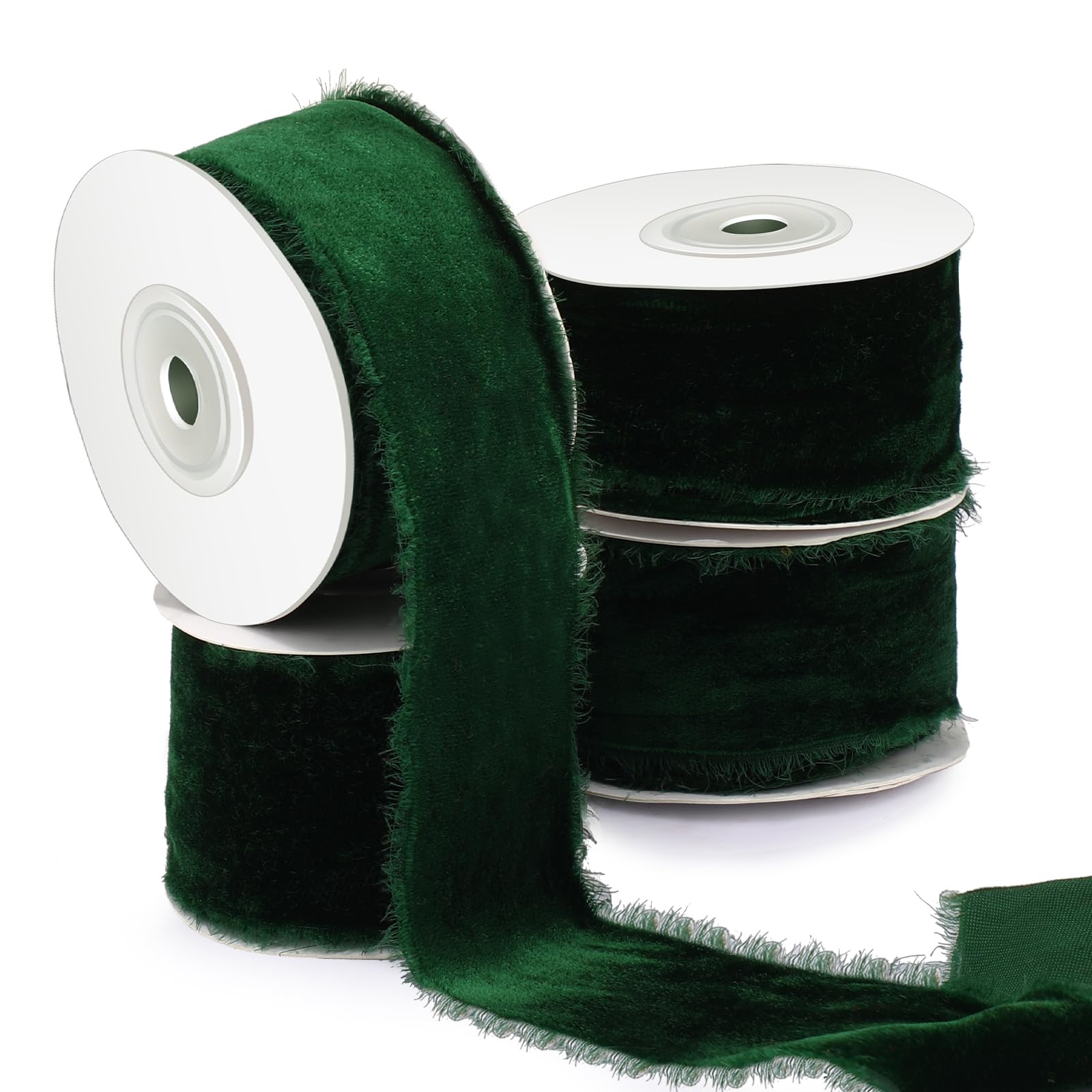 Preboun 4 Rolls Velvet Ribbon for Gift Wrapping 24 Yards Total Frayed Edge Velvet Silk Ribbon for Valentine's Day Wedding Baby Shower DIY Crafts Decor(Dark Green,1.5 Inch)