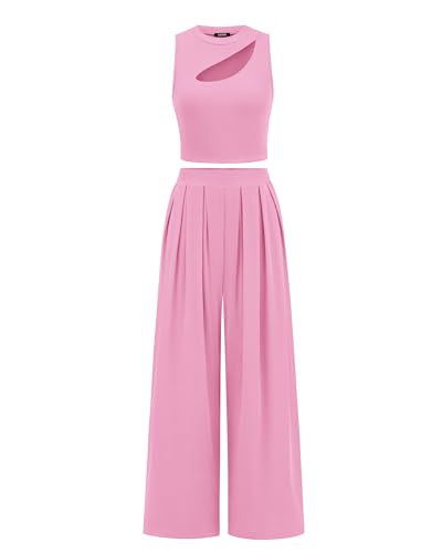 BTFBM Women 2 Piece Outfits 2024 Spring Summer Tracksuits Mock Neck Sleeveless Cutout Crop Top Wide Leg Pants Sweatsuits(Solid Pink, X-Large)