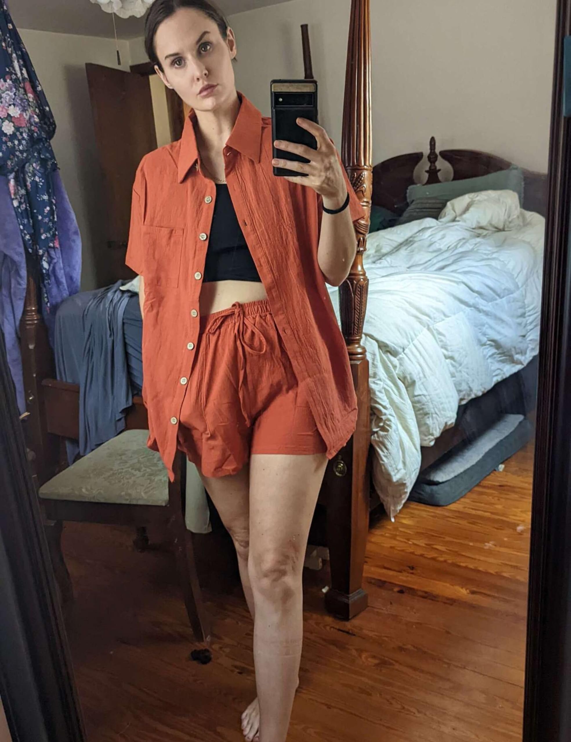 QIBABU Women's Linen Shorts Sets 2 Piece Summer Short Sleeve Top and Shorts Sweatsuit Set Vacation Beach Outfits(1521-Orange-L-QB)