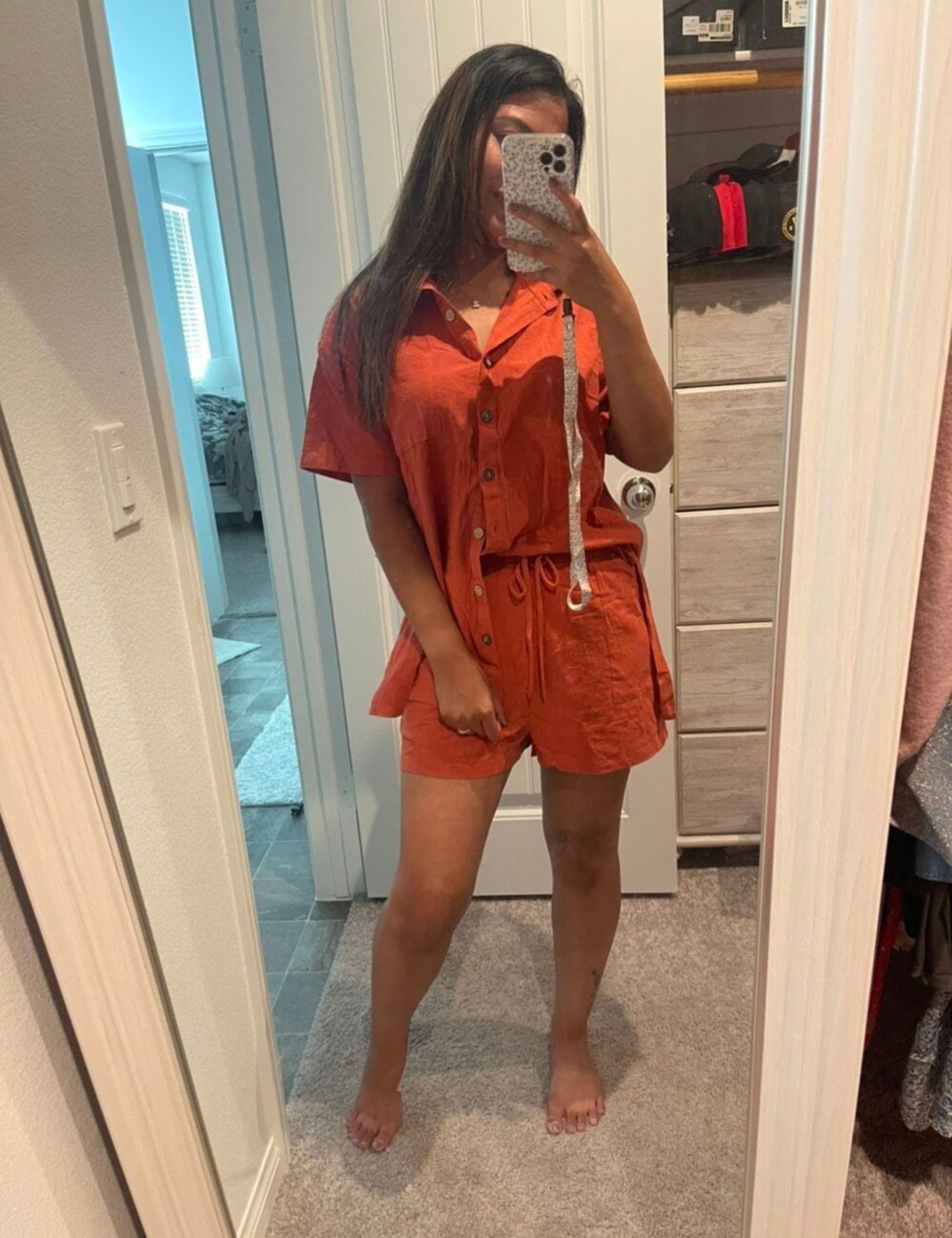 QIBABU Women's Linen Shorts Sets 2 Piece Summer Short Sleeve Top and Shorts Sweatsuit Set Vacation Beach Outfits(1521-Orange-L-QB)