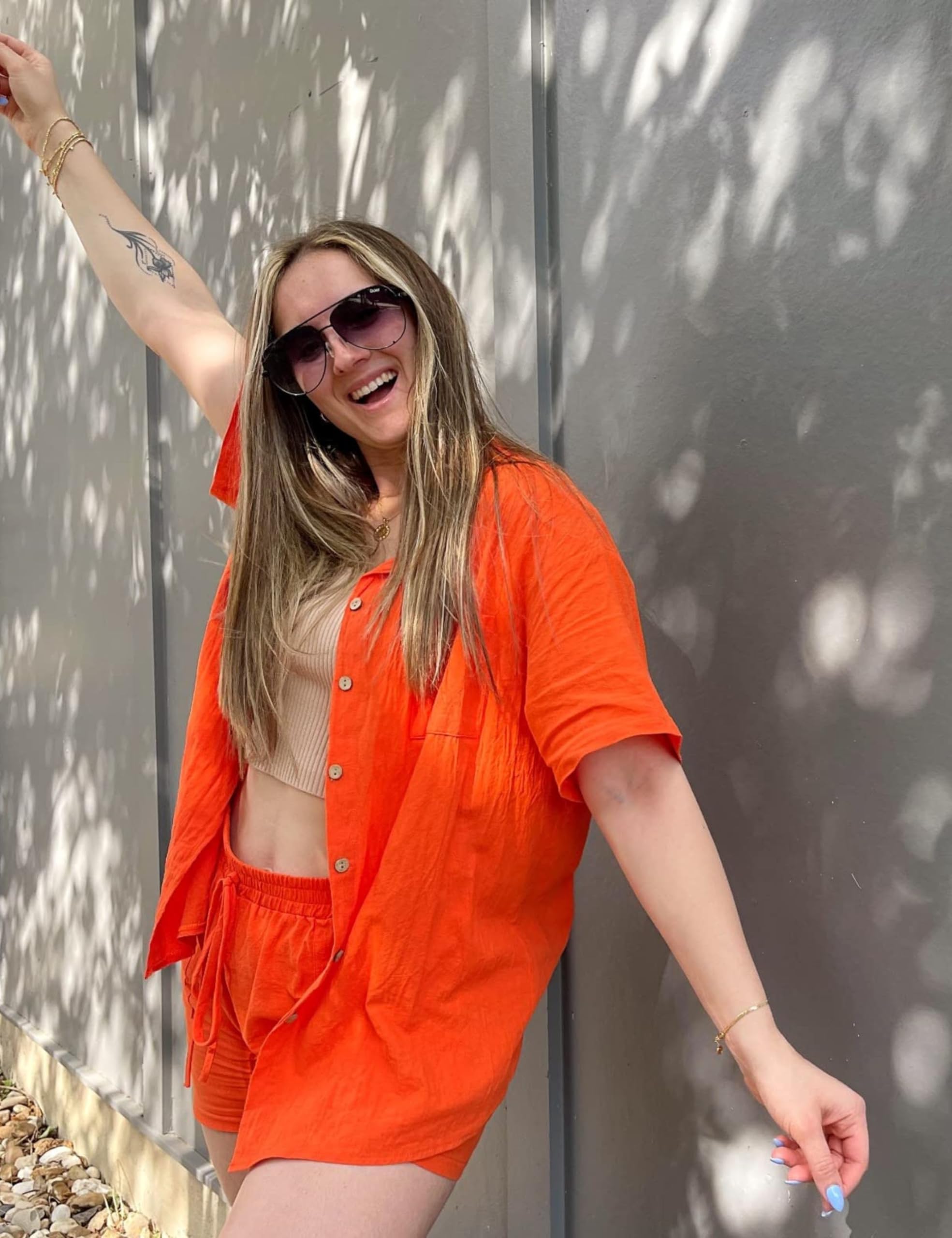 QIBABU Women's Linen Shorts Sets 2 Piece Summer Short Sleeve Top and Shorts Sweatsuit Set Vacation Beach Outfits(1521-Orange-L-QB)
