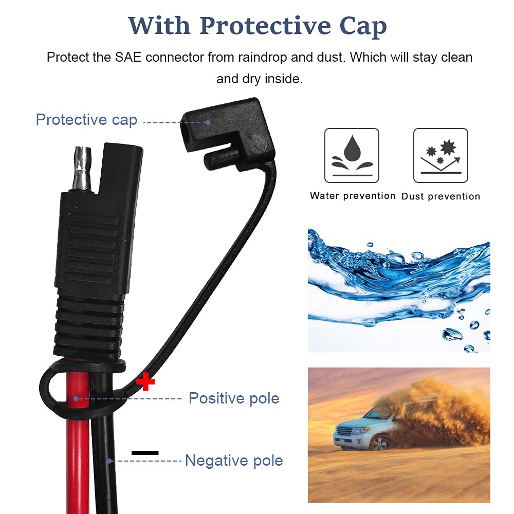 Cigarette Lighter SAE Battery Charger Cable, 16AWG 12V Cigarette Lighter Plug to SAE Quick Release Adapter Extension Charging Cable with Fuse and LED Light 5FT