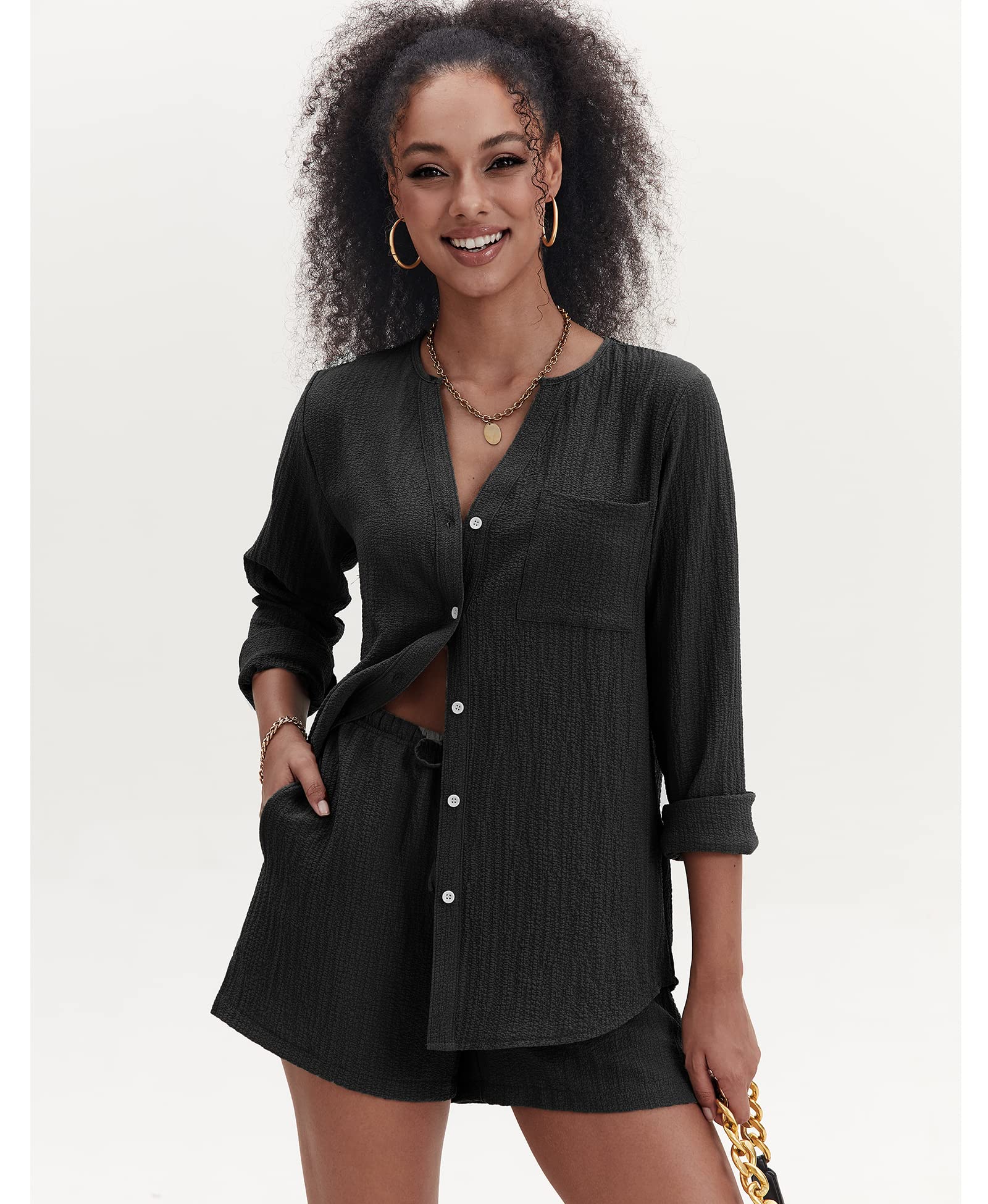 Ekouaer 2 Piece Sets for Women Summer Outfits Shorts Button Up Shirt Outfit Sets V Neck Sweat Suits Tracksuit Black,Medium