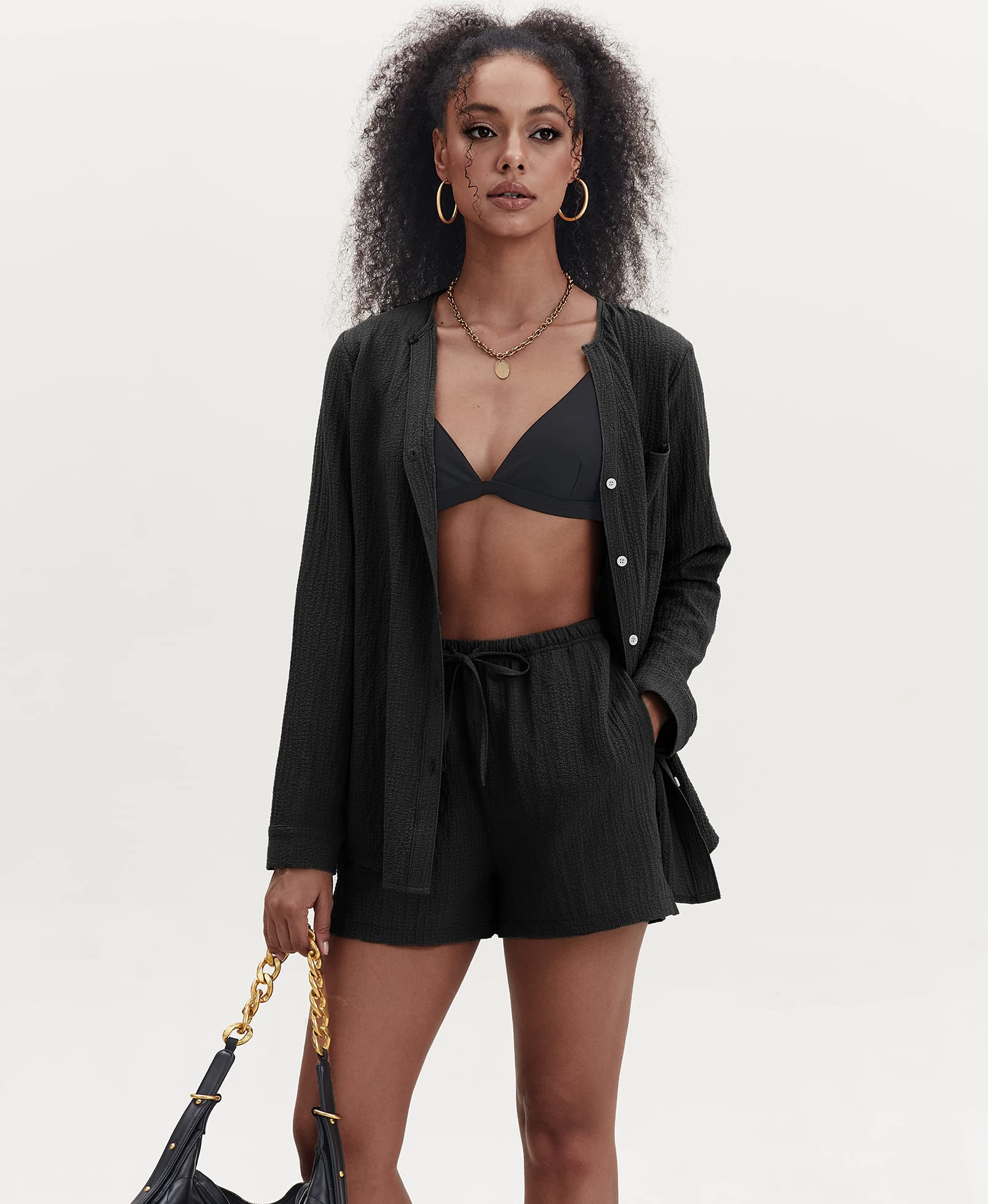 Ekouaer 2 Piece Sets for Women Summer Outfits Shorts Button Up Shirt Outfit Sets V Neck Sweat Suits Tracksuit Black,Medium