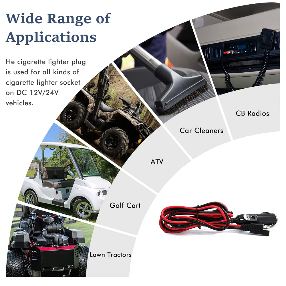 Cigarette Lighter SAE Battery Charger Cable, 16AWG 12V Cigarette Lighter Plug to SAE Quick Release Adapter Extension Charging Cable with Fuse and LED Light 5FT