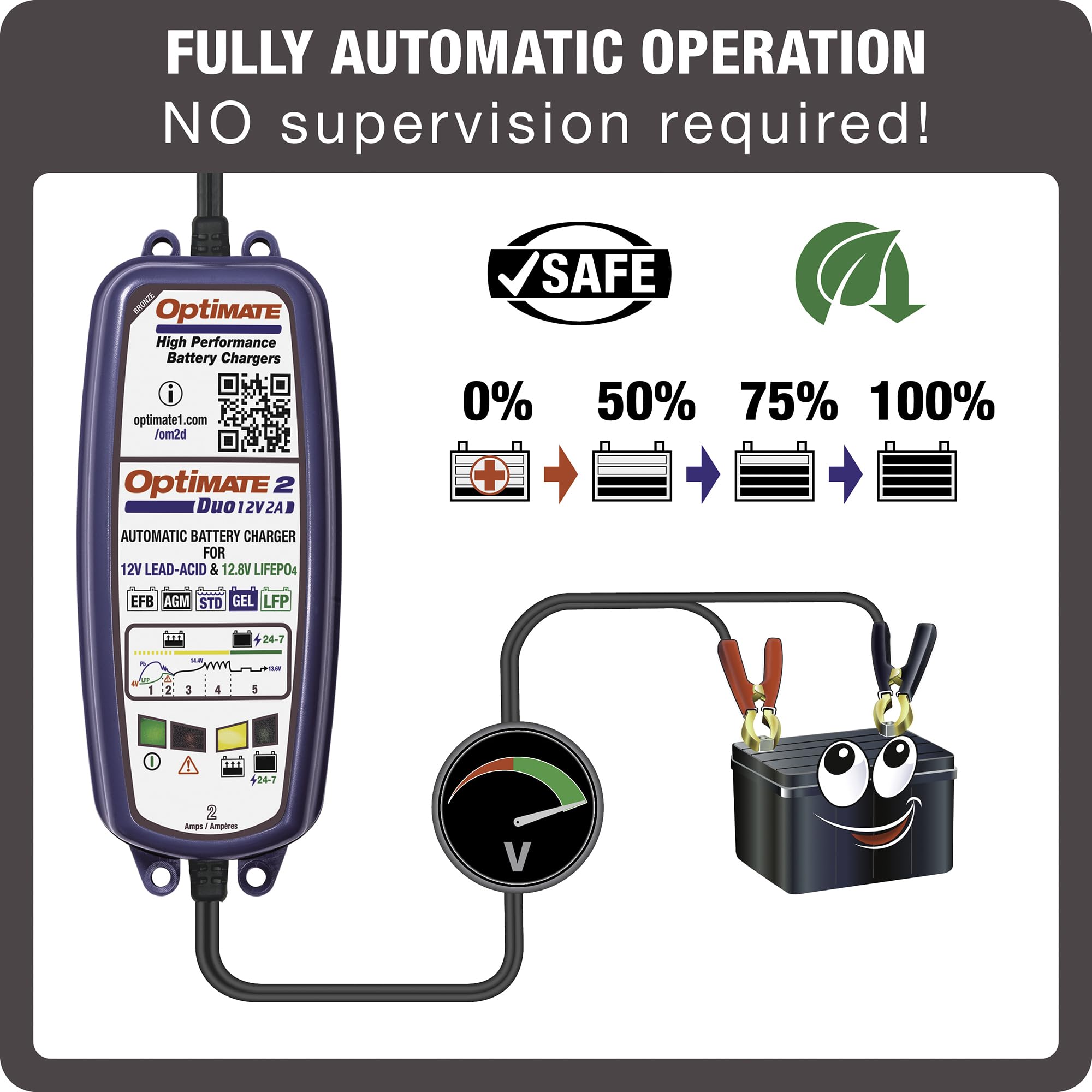 Tecmate Optimate 2 Duo, TM-551, Bronze Series: 5-Step 12V / 12.8V 2A Sealed Battery Charger & maintainer, Blue