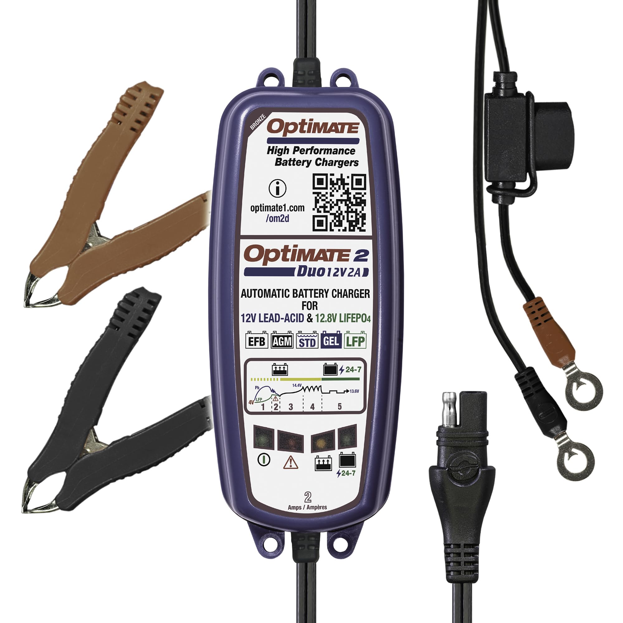 Tecmate Optimate 2 Duo, TM-551, Bronze Series: 5-Step 12V / 12.8V 2A Sealed Battery Charger & maintainer, Blue