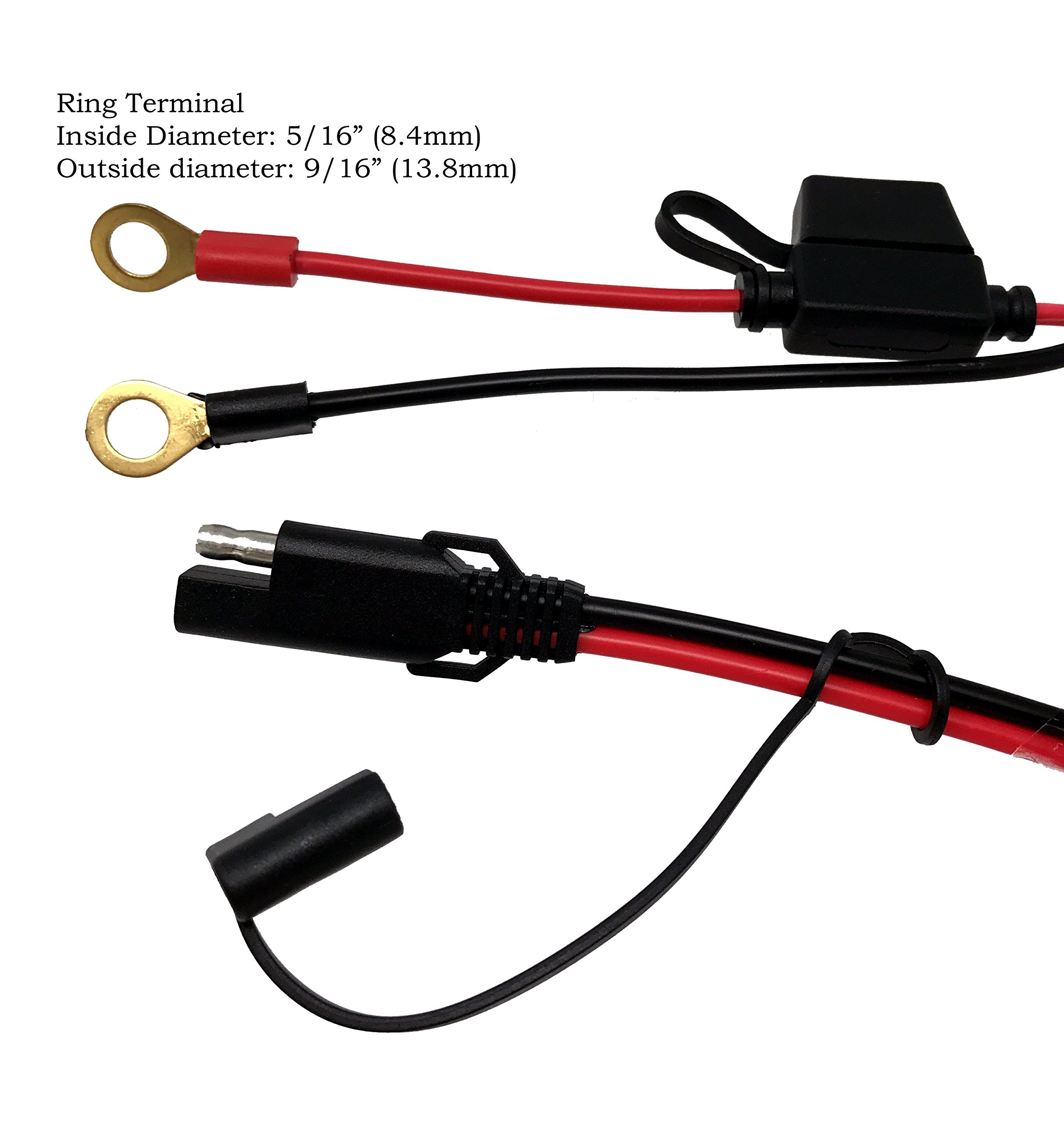 Tetra-Teknica MotoBasics Series RHS-01 12V Ring Terminal Harness with Black Fused 2-Pin Quick Disconnect Plug, 2 Feet, 16 Gauge Copper Wire, 10A Fuse, 2 Per Pack