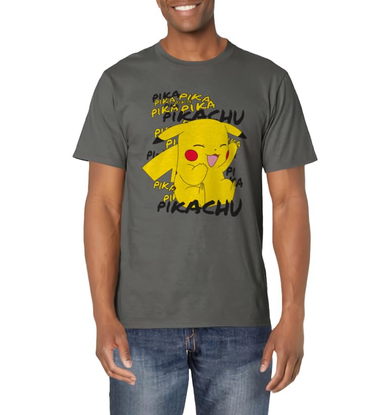 Pokemon Pikachu Laughing T-Shirt, Unisex-Adults, Grey, Small