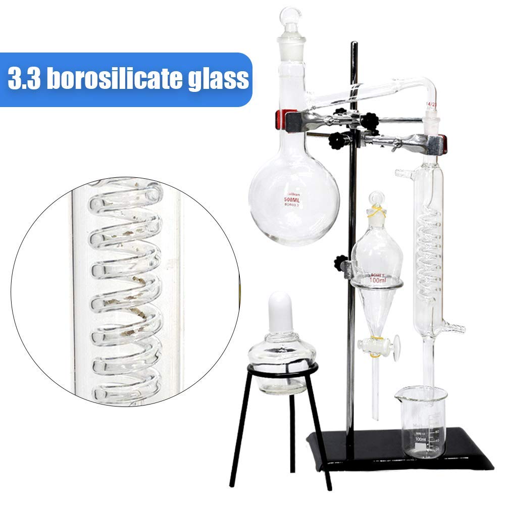 Labware Set 500ml Essential Oil Extraction Distillation Apparatus Water Distiller Purifier Glassware Kits Hydrosol, Home Distillation kit