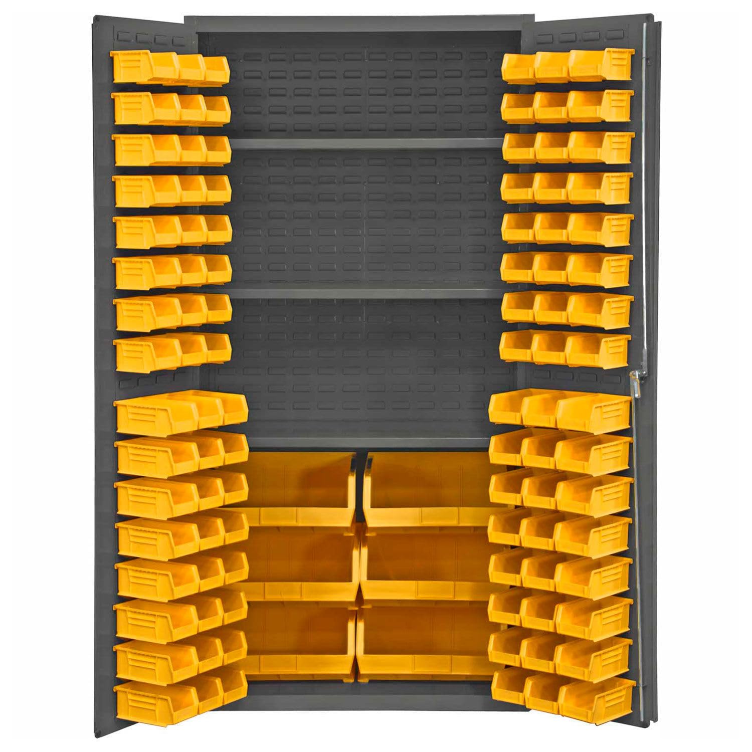 Durham 14 Gauge Welded Steel Heavy Duty Flush Door Style Storage Cabinet with 102 Bins, 3501-BDLP-102-3S-95, 2700 lbs Capacity, 24" Length x 36" Width x 72" Height, 3 Adjustable Shelves