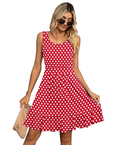 LILBETTER Women's Beach Dresses for Women Casual Summer Sexy Knee Length Mini Dresses(F Red Polka Dot, XX-Large)