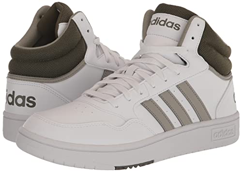 adidas Men's Hoops 3.0 Mid Basketball Shoe, White/Silver Pebble/Olive Strata, 9.5