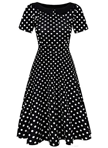 Work Dresses for Women Vintage Polka Dot Pockets Knee-Length Fit and Flare Summer A-Line Casual Peter Pan Collar Dresses 978 (Black Dot, L)