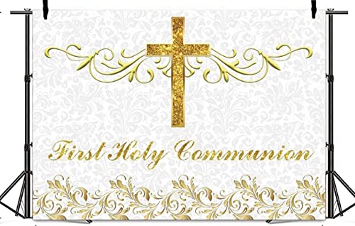 My First Communion Photography Backdrop Curtain Baby Baptism Background Gold Cross Photo Background White Texture Photo Graphic Decoration Set Props 5x3 feet Vinyl Banner