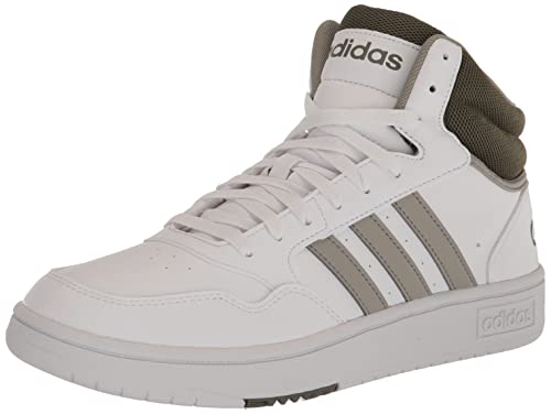 adidas Men's Hoops 3.0 Mid Basketball Shoe, White/Silver Pebble/Olive Strata, 9.5