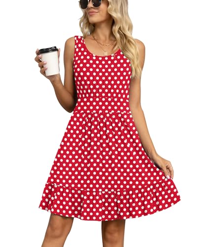 LILBETTER Women's Beach Dresses for Women Casual Summer Sexy Knee Length Mini Dresses(F Red Polka Dot, XX-Large)