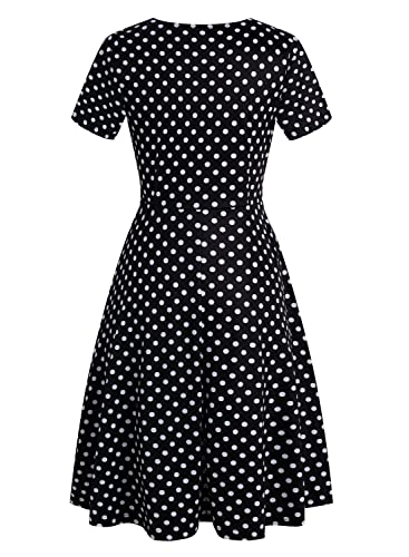Work Dresses for Women Vintage Polka Dot Pockets Knee-Length Fit and Flare Summer A-Line Casual Peter Pan Collar Dresses 978 (Black Dot, L)