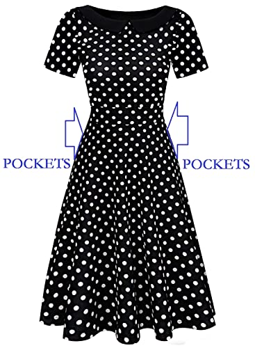 Work Dresses for Women Vintage Polka Dot Pockets Knee-Length Fit and Flare Summer A-Line Casual Peter Pan Collar Dresses 978 (Black Dot, L)