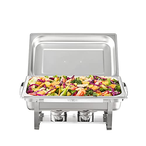 VEVOR Chafing Dish Buffet Set, 2 Pack 8 Qt, Stainless Chafer w/ 2 Full & 4 Half Size Pans, Rectangle Catering Warmer Server w/ Lid Water Pan Folding Stand Fuel Tray Holder Clip, at Least 8 People Each