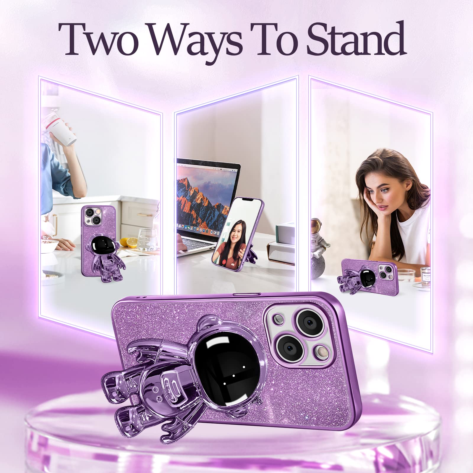 Buleens Astronaut iPhone 13 Mini Case, Clear with Glitter & Spaceman Stand, Purple