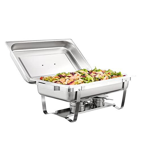 VEVOR Chafing Dish Buffet Set, 2 Pack 8 Qt, Stainless Chafer w/ 2 Full & 4 Half Size Pans, Rectangle Catering Warmer Server w/ Lid Water Pan Folding Stand Fuel Tray Holder Clip, at Least 8 People Each