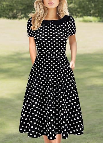 Work Dresses for Women Vintage Polka Dot Pockets Knee-Length Fit and Flare Summer A-Line Casual Peter Pan Collar Dresses 978 (Black Dot, L)