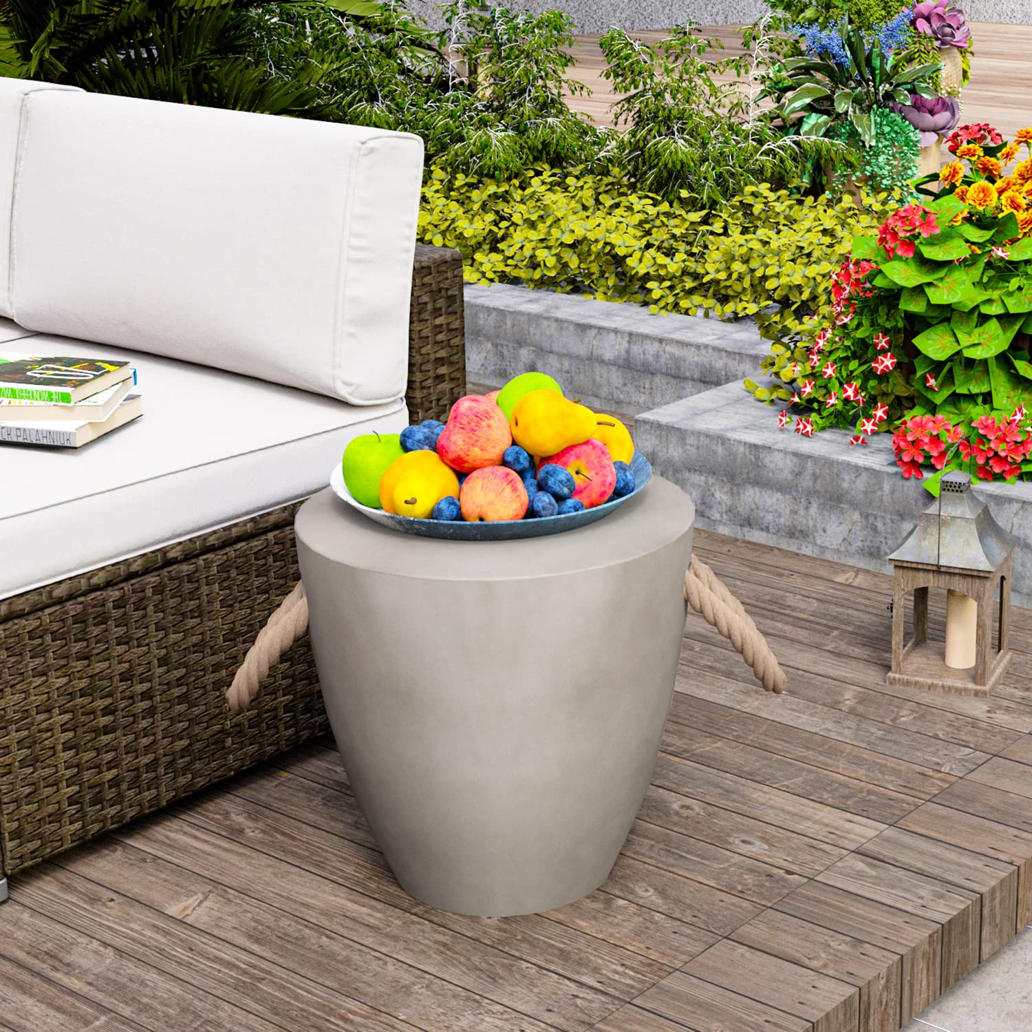 HOMPUS Concrete Outdoor Side Table Drum Accent Light Gray Modern End Table, Round Coffee Table with Rope Handle Garden Stool Decor for Garden, Indoor, Living Room