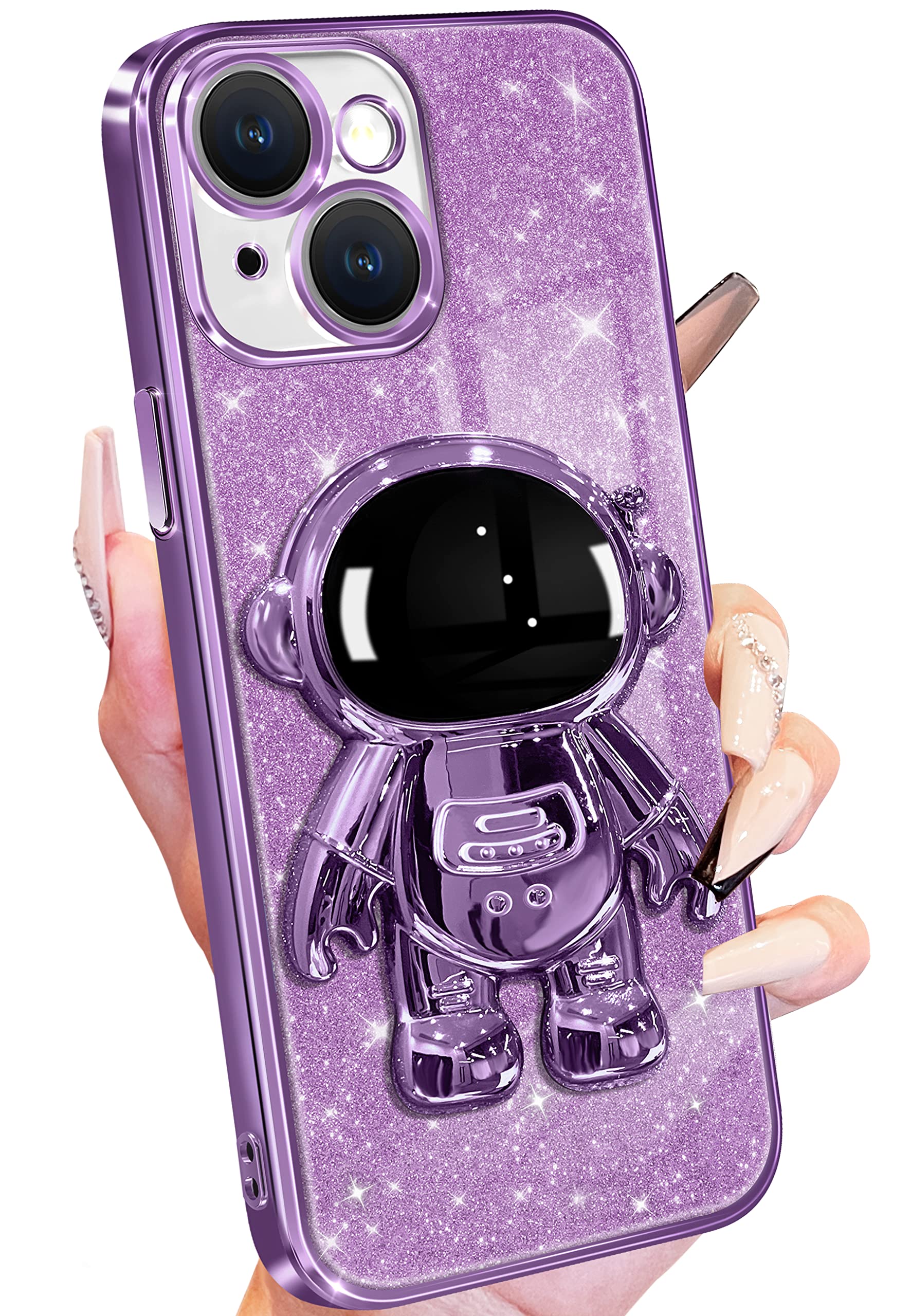 Buleens Astronaut iPhone 13 Mini Case, Clear with Glitter & Spaceman Stand, Purple