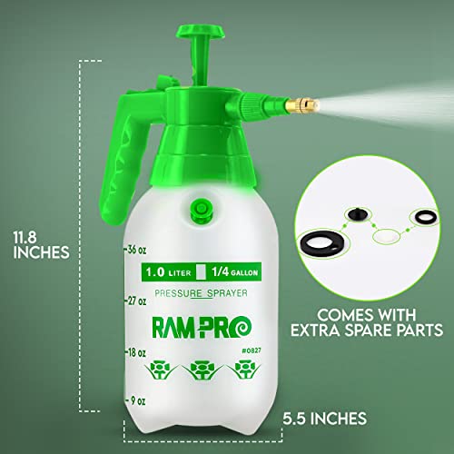 Garden Sprayer, ¼ Gallon Pump Sprayer, 1L Weed Sprayer, 34 Oz Water Sprayer | Pump Spray Bottle For Lawn Sprayer, Plant Mister, Safety Valve & Adjustable Brass Nozzle, Pressure Hand Sprayer By Ram Pro