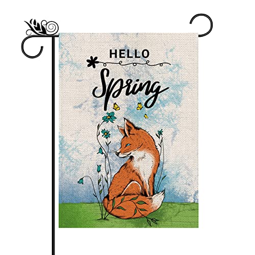 Spring Garden Flag Fox Hello Spring Watercolor Vertical Double Sided Seasonal Yard Outdoor Decor 12.5x18 Inch